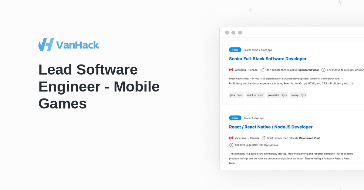 Lead Software Engineer - Mobile Games - VanHack